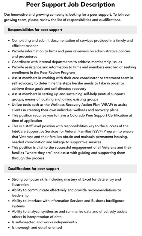 Peer Support Job Description Velvet Jobs