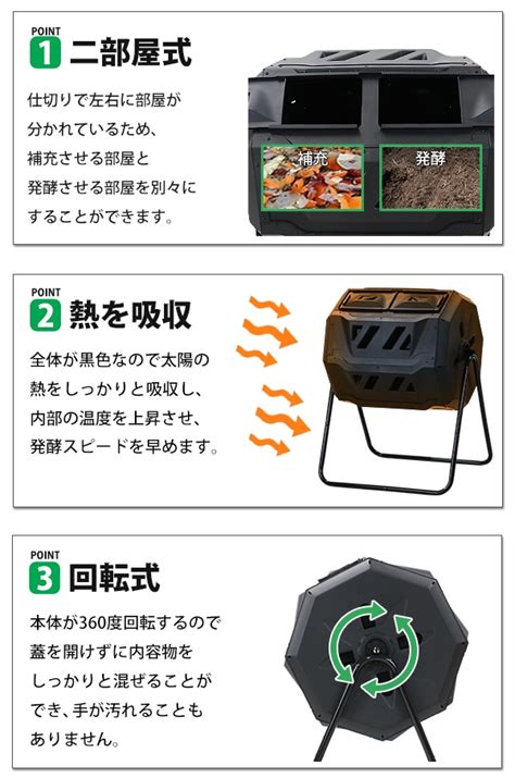 コンポスト回転式160l回転二部屋二層容器大容量家庭用ブラック黒コンポスター有機肥料生ごみ処理器堆肥製造器処理