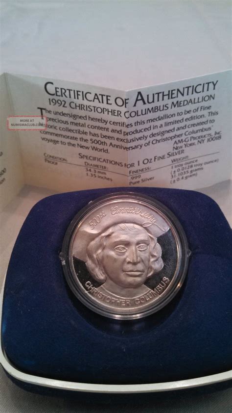 Th Anniversary Christopher Columbus Medallion Silver Coin