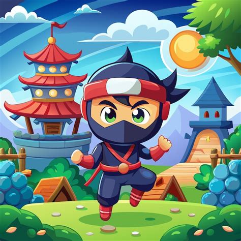 Cartoon Ninja In A Japanese Landscape Premium Ai Generated Vector