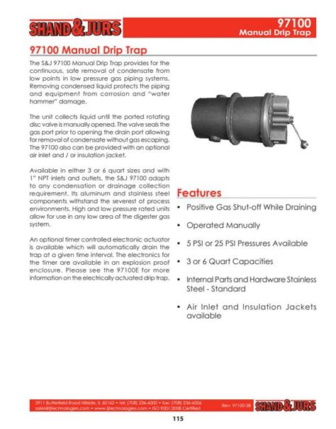 Shand And Jurs 97100 Manual Drip Trap Datasheet