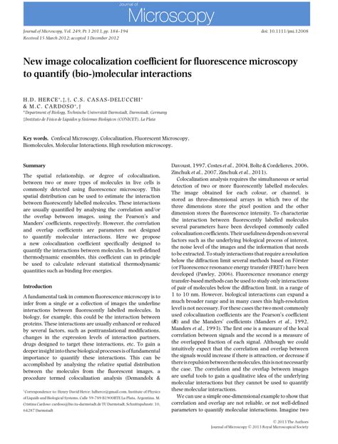 Pdf New Image Colocalization Coefficient For Fluorescence Microscopy