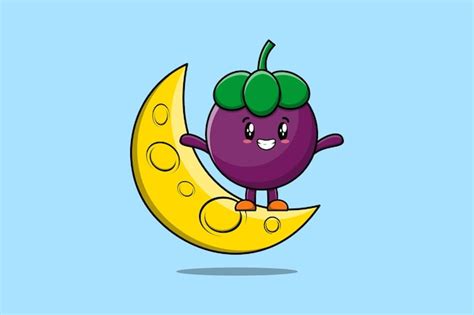 3d 현대적인 디자인 삽화에서 초승달 위에 서 있는 귀여운 만화 망고스틴 캐릭터 프리미엄 벡터