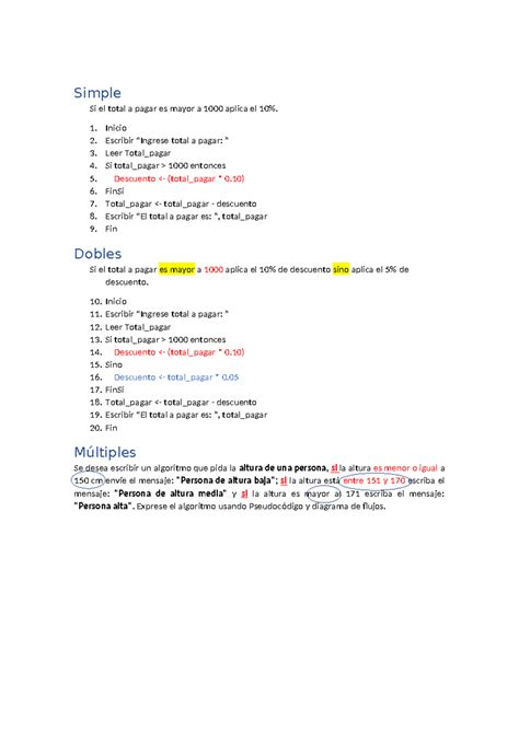 Taller 5pp Ejercicios De Algoritmos Condicionales 1 Simple Si El Total A Pagar Es Mayor A 1000