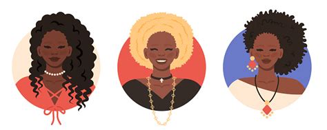 아프리카계 미국인 여자 초상화 세트 아프리카 소녀 아바타 다양한 스타일과 의상을 입은 여성 모델 흑인 여성은 헤어스타일 감정 액세서리로 얼굴을 합니다 프로필 사진 소셜
