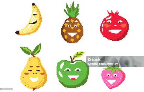 게임 응용 프로그램 또는 퍼즐 또는 십자수 디자인을 위한 픽셀 과일 및 열매 세트 픽셀화된 스타일의 8비트 아이콘은 흰색 배경에 분리되어 있습니다 미니멀리즘 픽셀아트 벡터