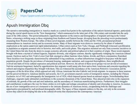 Apush Immigration Dbq Free Essay Example 538 Words