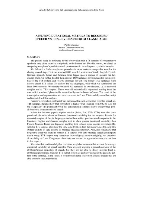 Pdf Applying Durational Metrics To Recorded Speech Vs Tts Evidence From 6 Languages