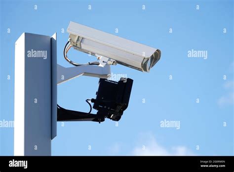 Industrial Security Cctv Camera Installed On Metal Fence The Camera