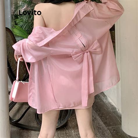 Lovito Casual Plain Bow Back Long Sleeves Blouse For Women LNA White Pink Shopee