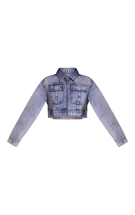 Acid Wash Denim Cropped Jacket Denim Prettylittlething Aus
