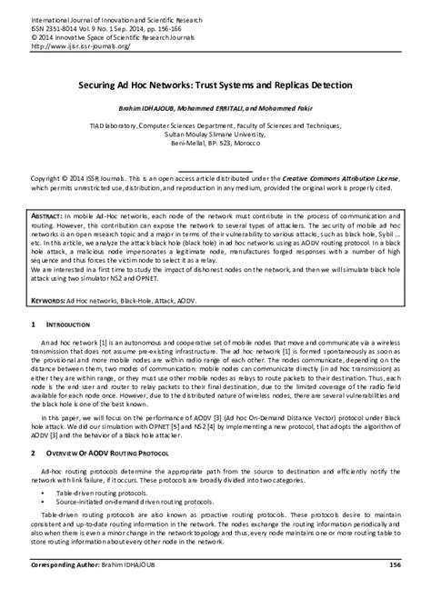 Pdf Securing Ad Hoc Networks Trust Systems And Replicas Detection