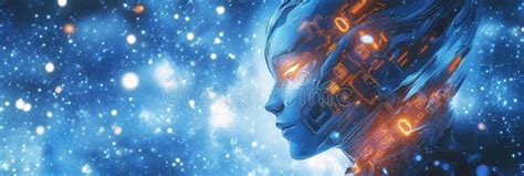 Cyberpunk Woman Futuristic Head With Glowing Circuit Board Details Binary Code On Blue