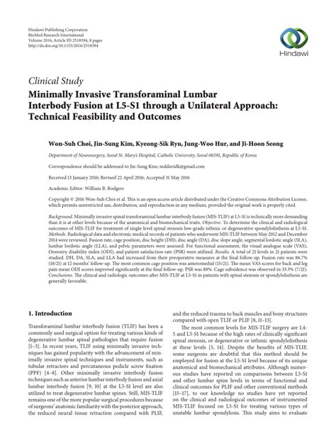 Pdf Minimally Invasive Transforaminal Lumbar Interbody Fusion At L5 S1 Through A Unilateral