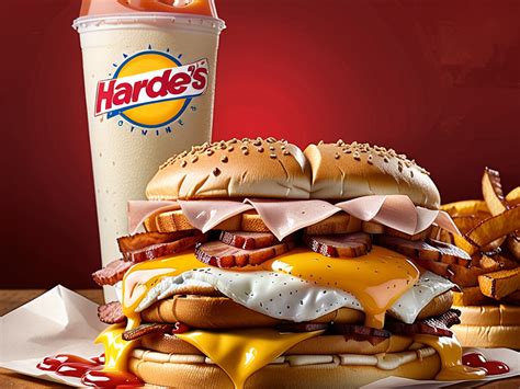 Indulgent Feast A Delicious Hardees Burger With Tasty Sides And Drink