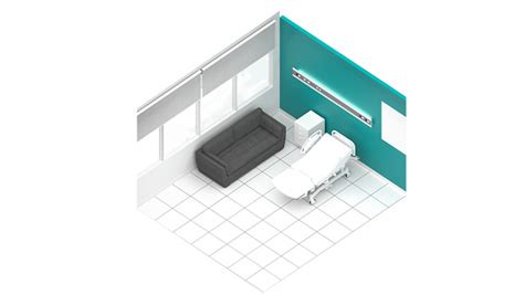 침대가있는 병원 실 병원이나 병원을 간호하는 빈 침대와 휠차이 3d 이소메트릭 병원 객실 렌더링 럭셔리 환자 침대 렌더링