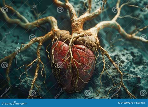 Surreal Human Heart With Tree Roots Growing In Soil Conceptual Image Of Life Growth Connection