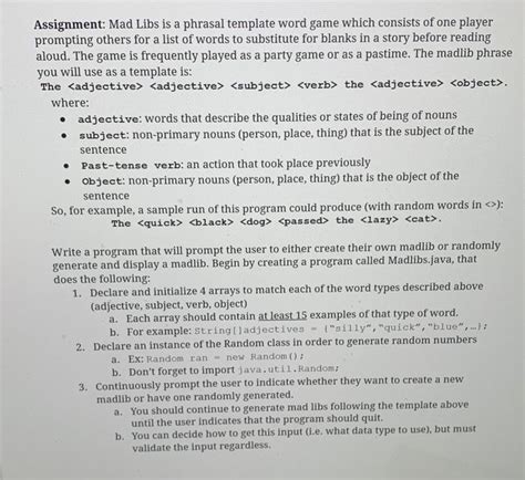 Solved Assignment Mad Libs Is A Phrasal Template Word Game Chegg