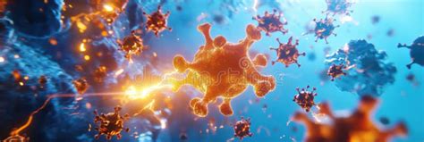 Visualization Of Antibodies Targeting Glowing Viruses In A Vibrant Microscopic Environment