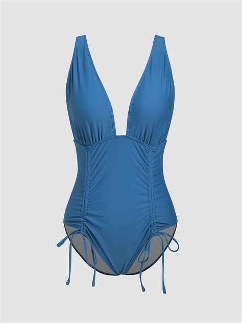 Solid V Neck Drawstring One Piece Swimsuit Cider