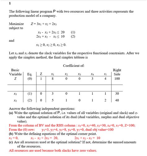 Solved 1 The Following Linear Program P With Two Resources