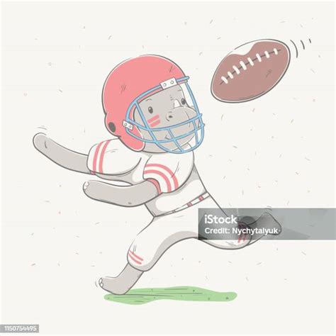 필드에 공을 가진 미국 축구 선수 같은 옷을 입은 사랑 스러운 귀여운 코뿔소 젊은 코뿔소를 입고 경기 스포츠에 대한 스톡 벡터