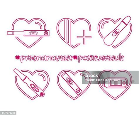 플랫 스타일의 여성 생식 기관 및 임신 계획의 개념 흰색 배경에 마음에 긍정적인 임신 테스트가 있는 선형 아이콘 세트입니다 0명에 대한 스톡 벡터 아트 및 기타 이미지