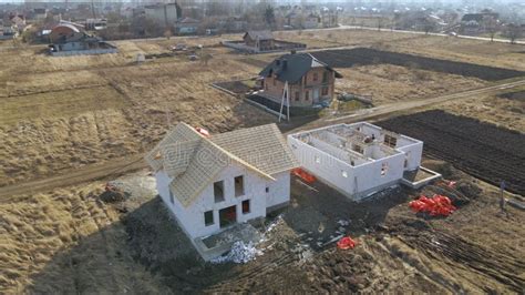 Aerial View Of Unfinished Frame Of Private House With Aerated