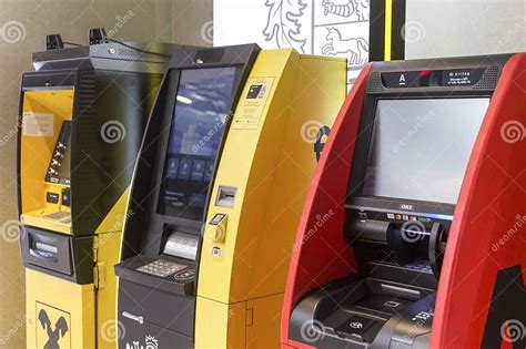 Multi Colored Atms Of Different Banks Close Up Side View Editorial