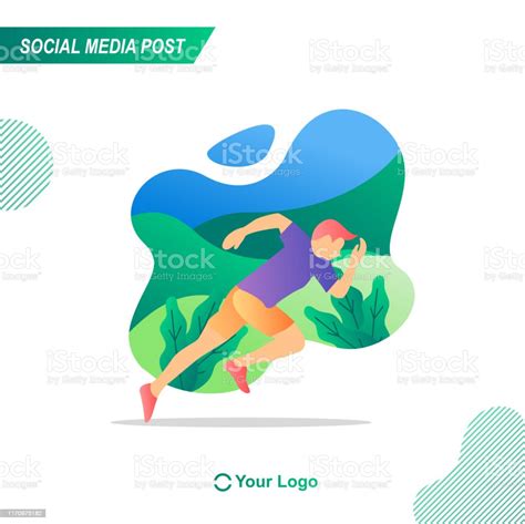 컨셉 일러스트 러닝 맨은 스포츠웨어를 입고 풍경 훈련에서 조깅 건강한 액티브 스피드 운동 소셜 미디어 템플릿 배너 전단지만화