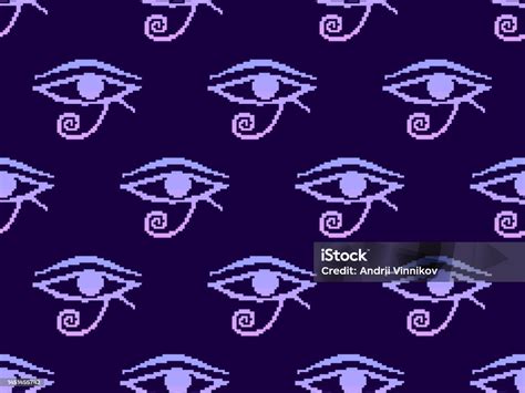 픽셀 스타일의 매끄러운 패턴의 호루스의 눈 Ra의 픽셀 화 된 눈 80 년대와 90 년대의 8 비트 복고풍 게임 스타일 앱 배너 및 포스터를 디자인합니다 벡터 그림 1980