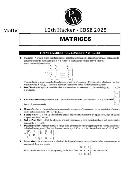Matrices Formula Sheet 12th Hacker Cbse 2025 Pdf Matrix