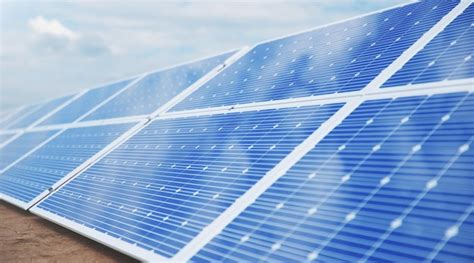 3d 그림 태양 전지 패널입니다 대체 에너지 재생 에너지의 개념입니다 생태적 청정 에너지 태양 전지 패널 반사 아름다운 푸른 하늘과 태양광 사막에서 태양 전지