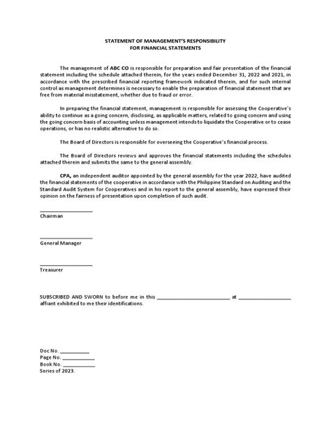 Statement Of Management Responsibility Pdf Going Concern Audit