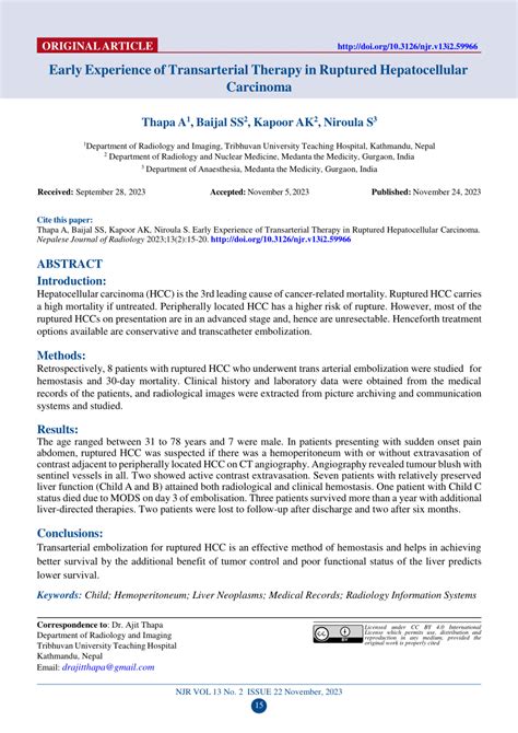 Pdf Early Experience Of Transarterial Therapy In Ruptured Hepatocellular Carcinoma