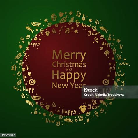 황금 기호 눈송이 별 나뭇가지 나무 산타 새해 복 많이 받으세요 및 메리 크리스마스라는 글자가 새겨진 선물의 둥근 프레임 녹색과 빨간색 배경입니다 크리스마스 휴일 디자인