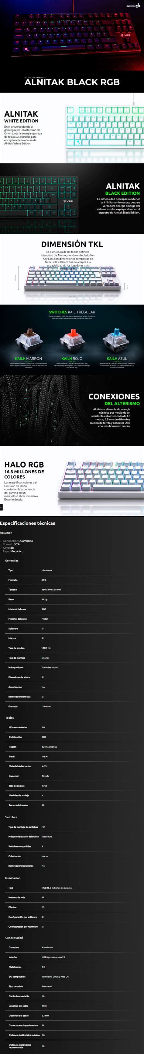 Teclado Gamer Mecanico VSG ALNITAK Negro Switch Kailh Brown Alambrico Iluminación RGB USB