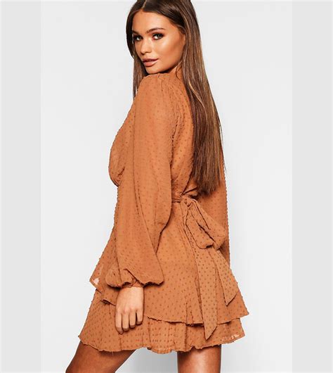 Buy Boohoo Ruffle Hem Dobby Chiffon Mini Dress In Red 6thstreet Saudi