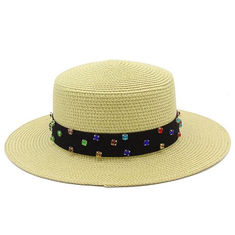 Wholesale Lady Boater Sun Hat Flat Top Straw Beach Hat Round Summer Sun