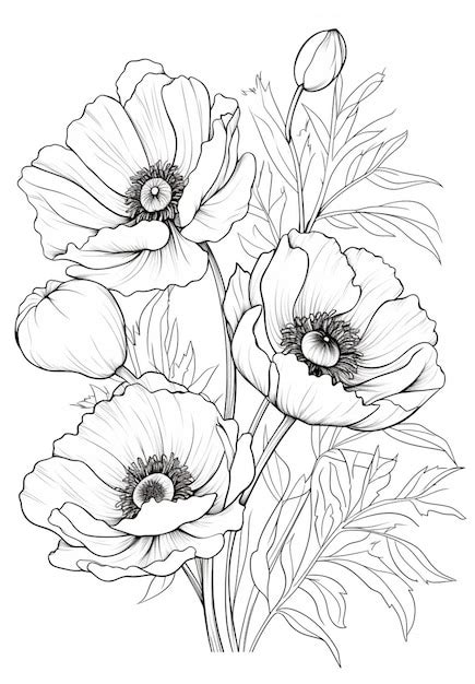 Um Desenho De Um Ramo De Flores Com Folhas Em Um Fundo Branco