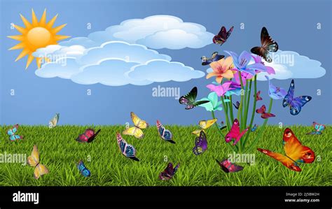 3d Illustration Spring Summer Flowers And Butterflies On Green Lawn