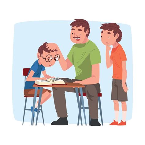 Papá Enseñando Su Hijos Padre Ayudar Niños Con Deberes Y Explicando