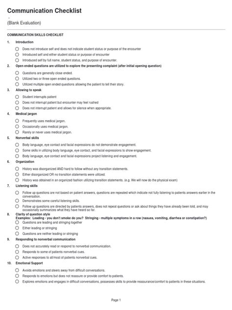 Communication Checklist Blank Evaluation Pdf Nonverbal