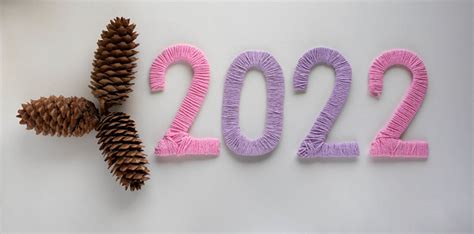 흰색 배경에 분홍색과 라일락 스레드로 만든 숫자 2022 세 개의 소나무 콘 옆에 놓여있다 새해의 개념 12월에 대한 스톡 사진