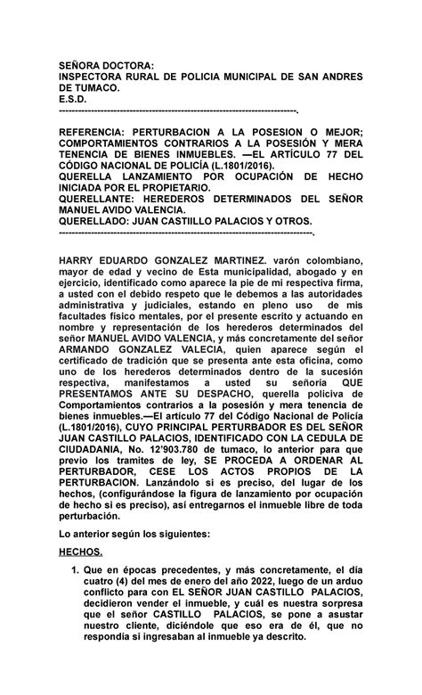 Perturbacion a la posesion del inmueble de pambil SEÑORA DOCTORA