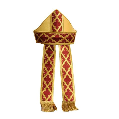 Old English Mitre In Cloth Of Gold With Red Gold Gothic Trellis Braid