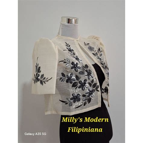 Modern Filipiniana Beige Black Bolero Handpaint Jusilyn Blazzer Mestiza Blouse Buwan Ng Wika
