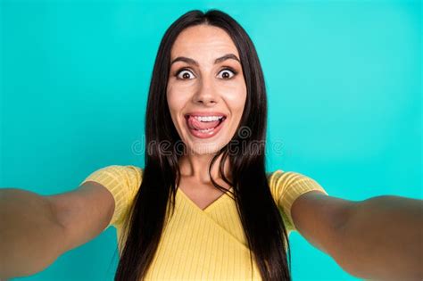 Portrait Of Pretty Young Woman Selfie Tongue Lick Teeth Wear Top Isolated On Turquoise Color
