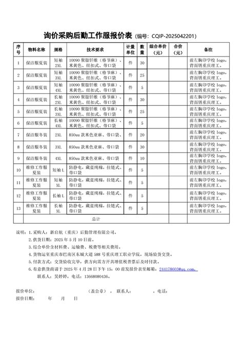 询价采购后勤工作服报价表