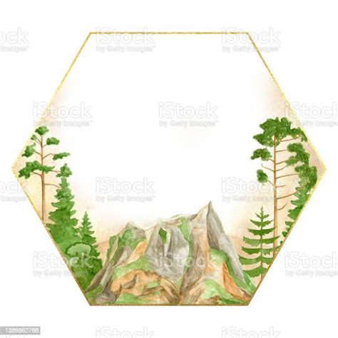 수채화 산 프레임 손으로 그린 육각형 템플릿 녹색 산맥과 흰색에 고립 된 소나무 조경 초대 디자인 여름 자연 일러스트에 대한